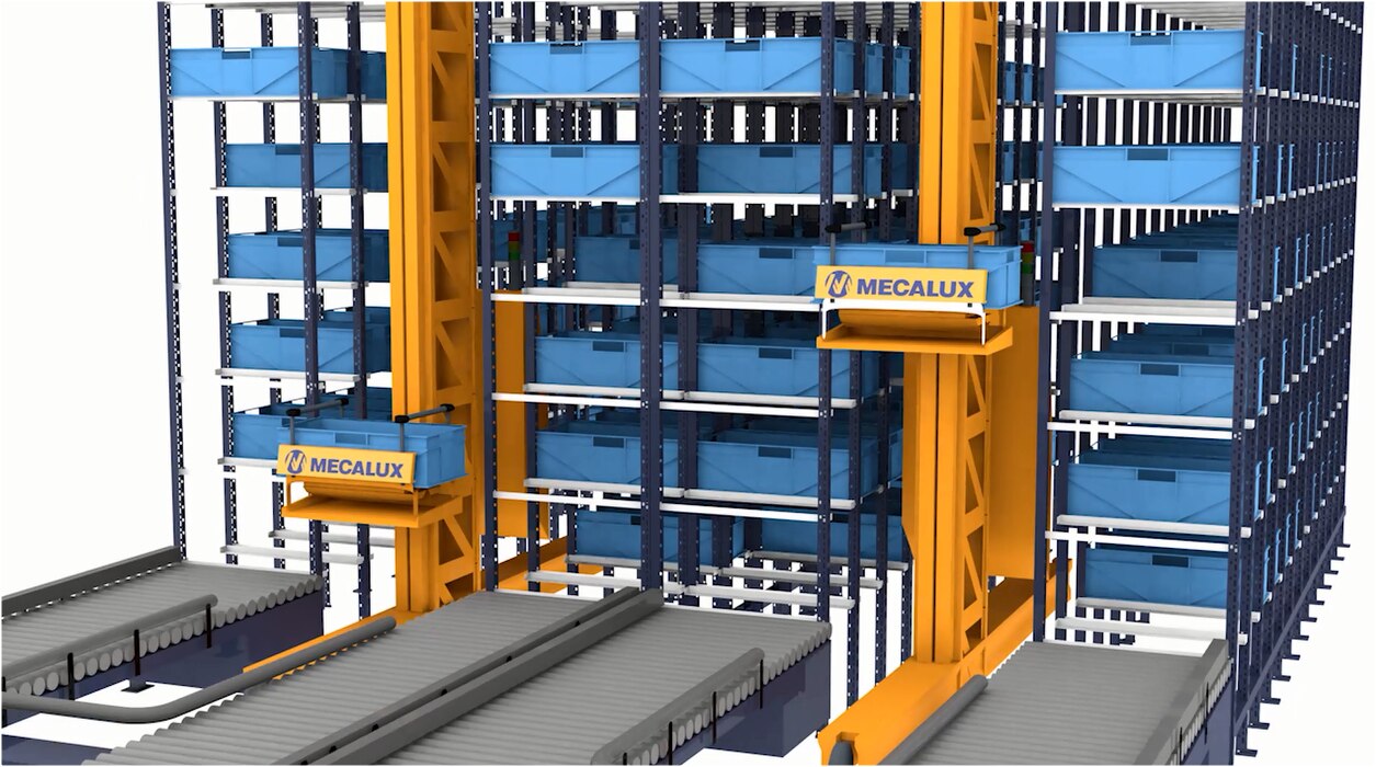 3D animation of a trilateral stacker crane | Mecalux.co.uk